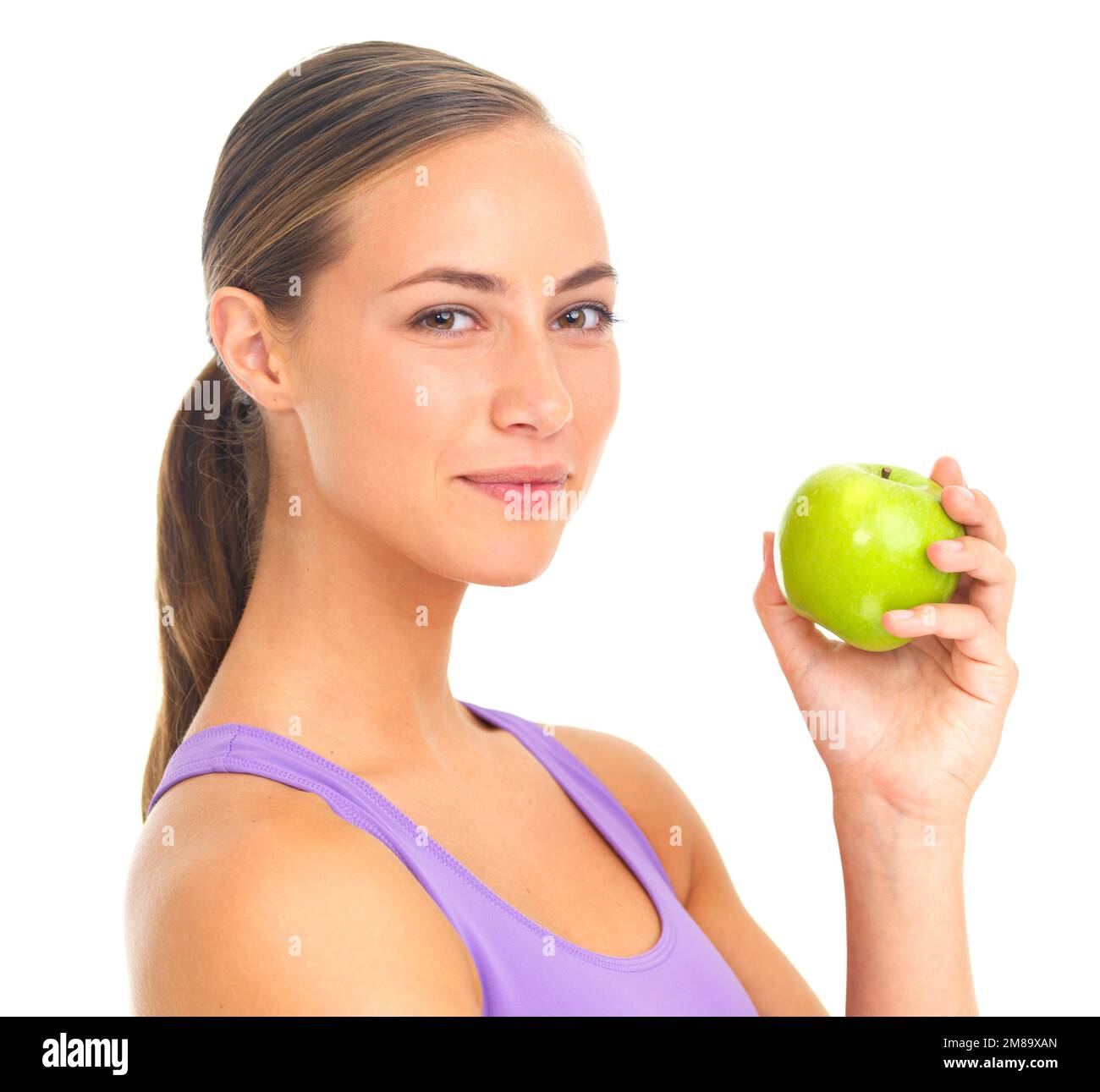 Nutrition, fruit and portrait of a woman with an apple for health on a ...