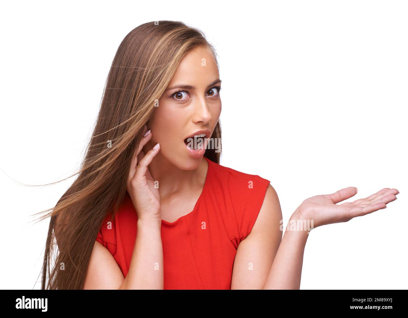 Wow, mockup and portrait of woman on a white background for advertising ...