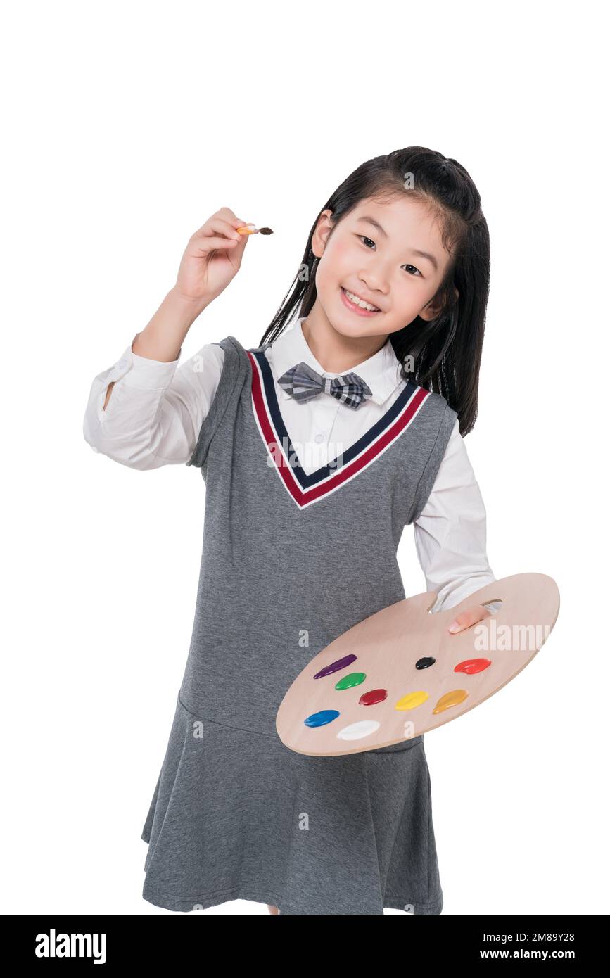 Happy pupils take palette Stock Photo - Alamy