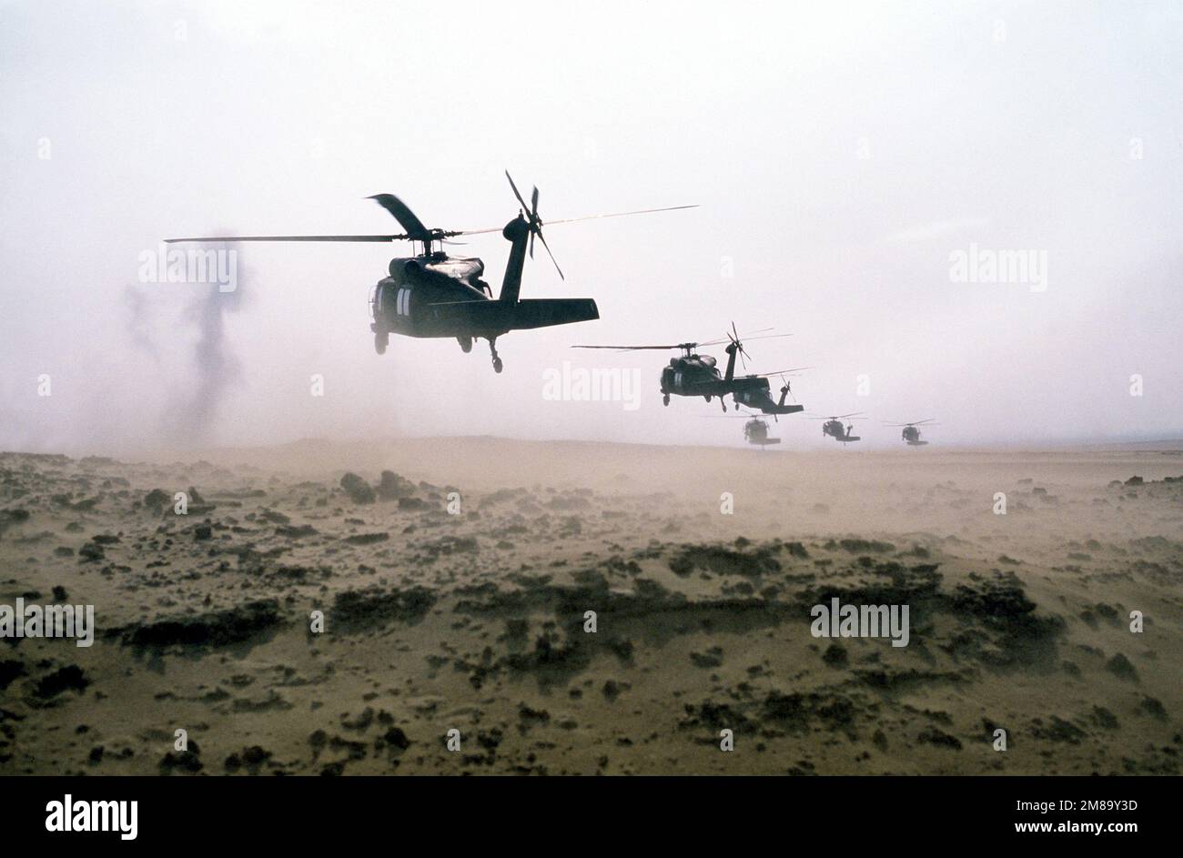 Six U.S. Army UH-60 Black Hawk (Blackhawk) helicopters, takes off from ...