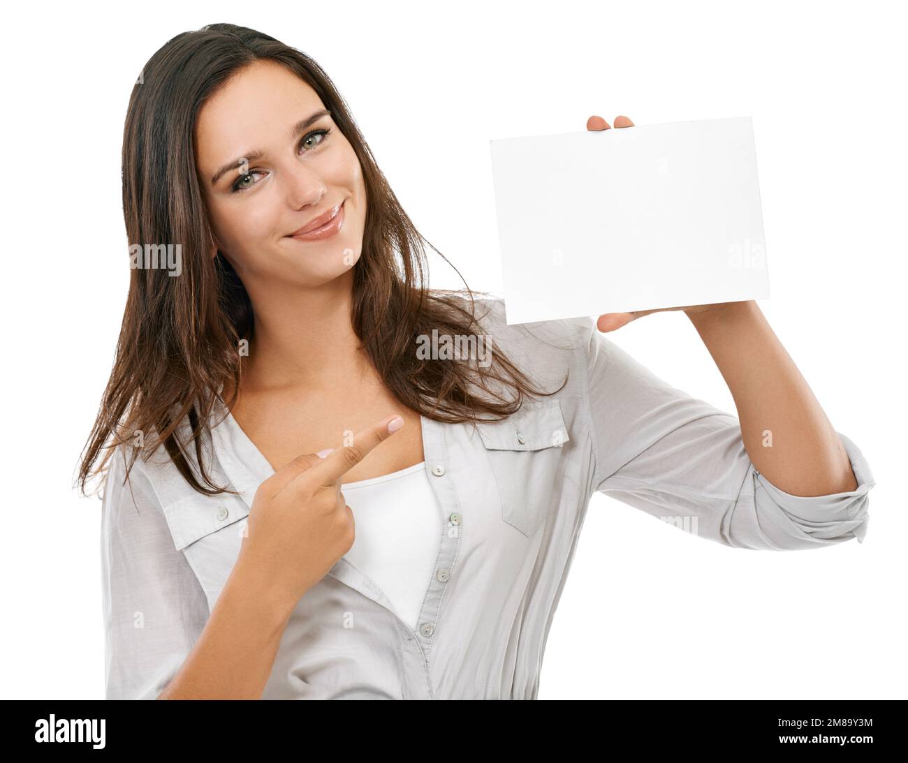 Woman pointing to mockup poster for advertising, marketing or branding ...