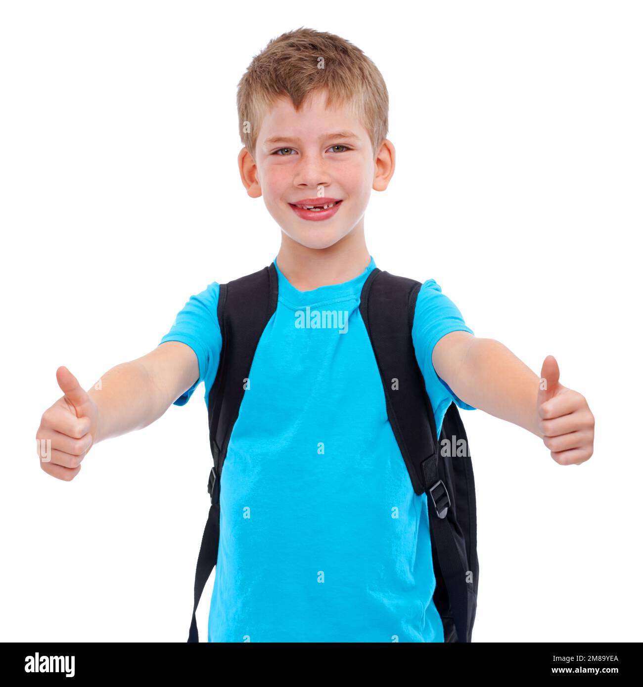 Boy, portrait smile and thumbs up for school, education or learning ...