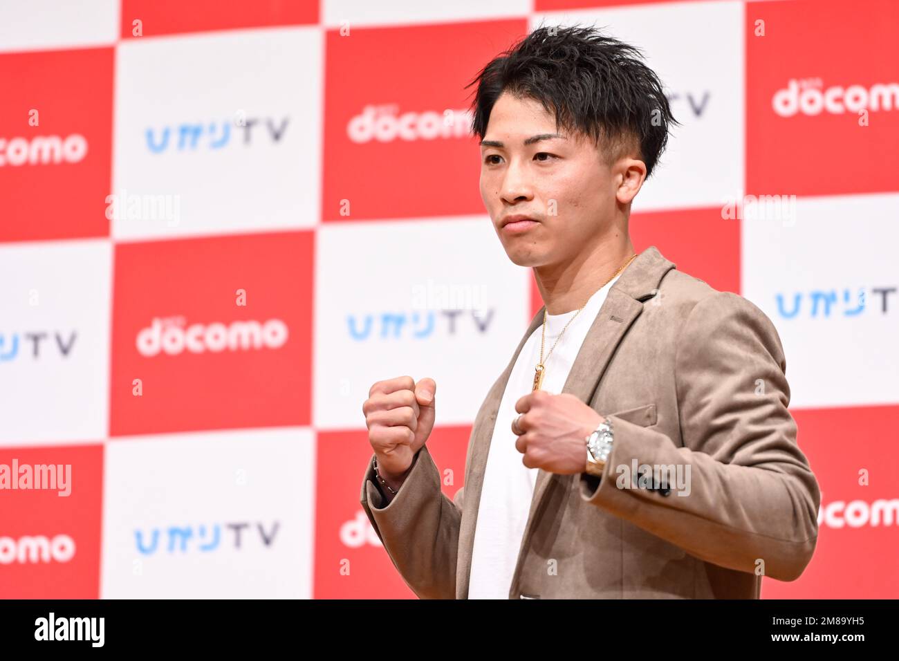 Boxer Naoya Inoue of Japan poses for photographs during a press conference in Yokohama, Kanagawa ...