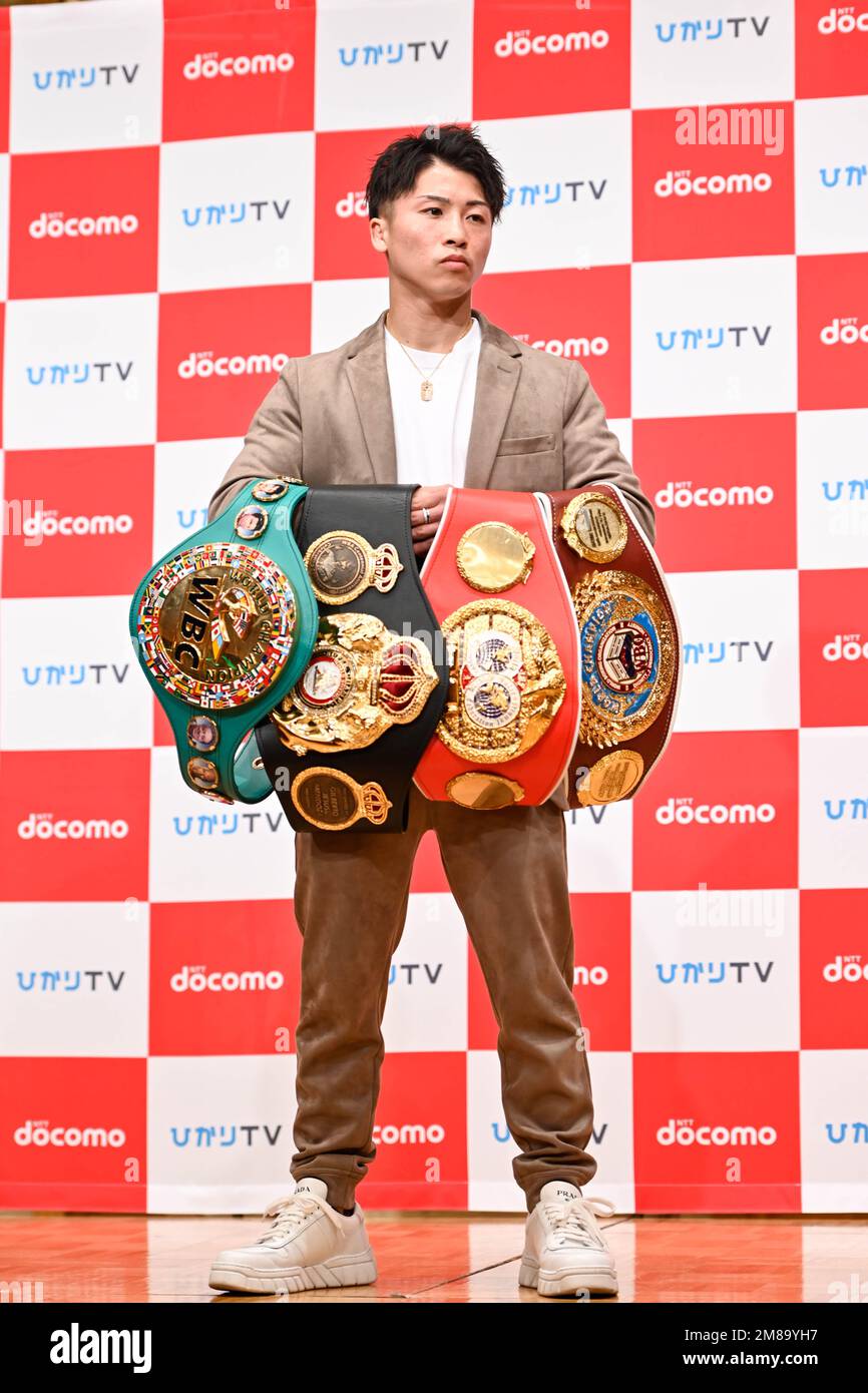 Boxer Naoya Inoue of Japan poses for photographs during a press conference in Yokohama, Kanagawa ...