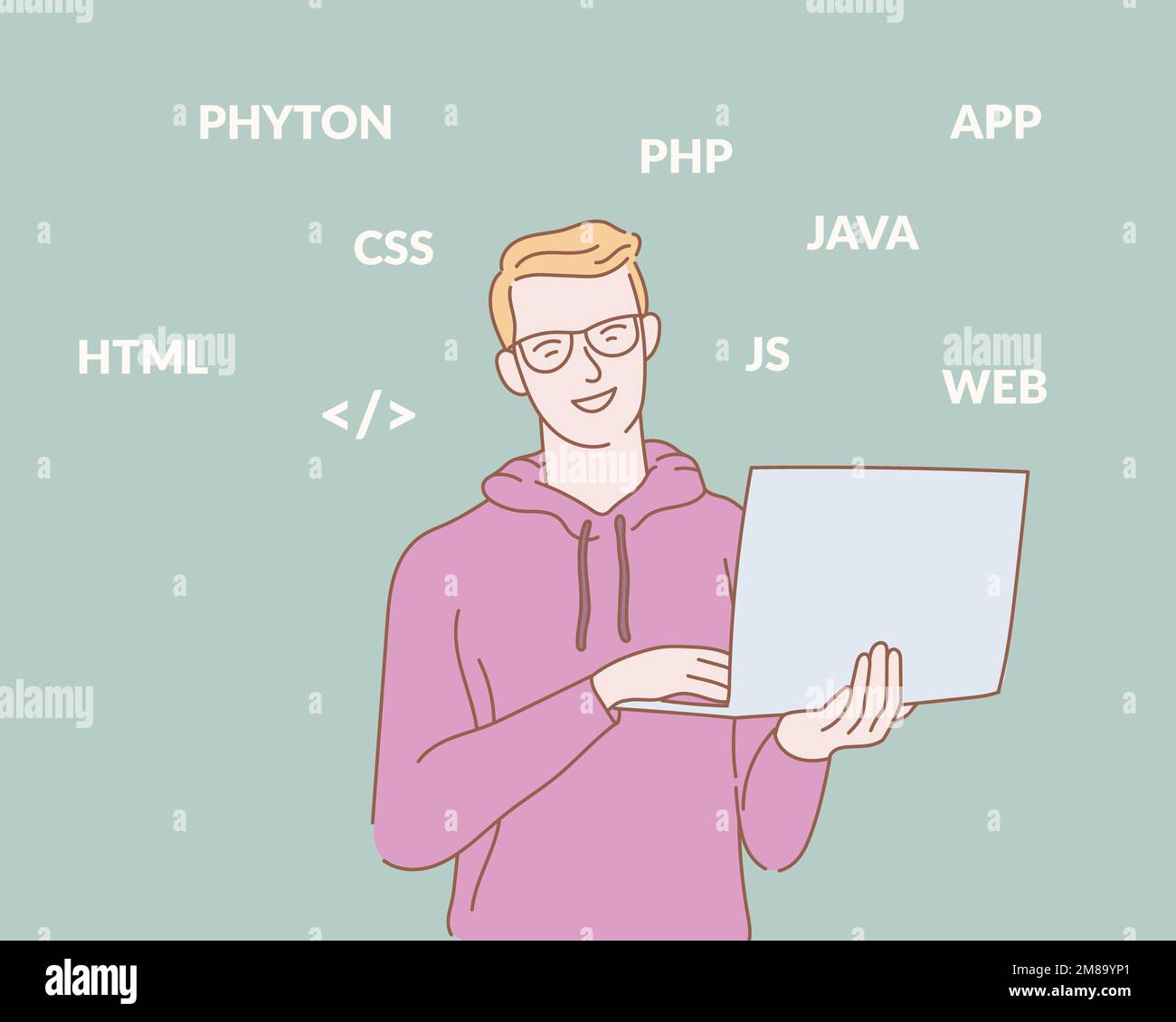 programmer holding laptop with some programming language text with ...