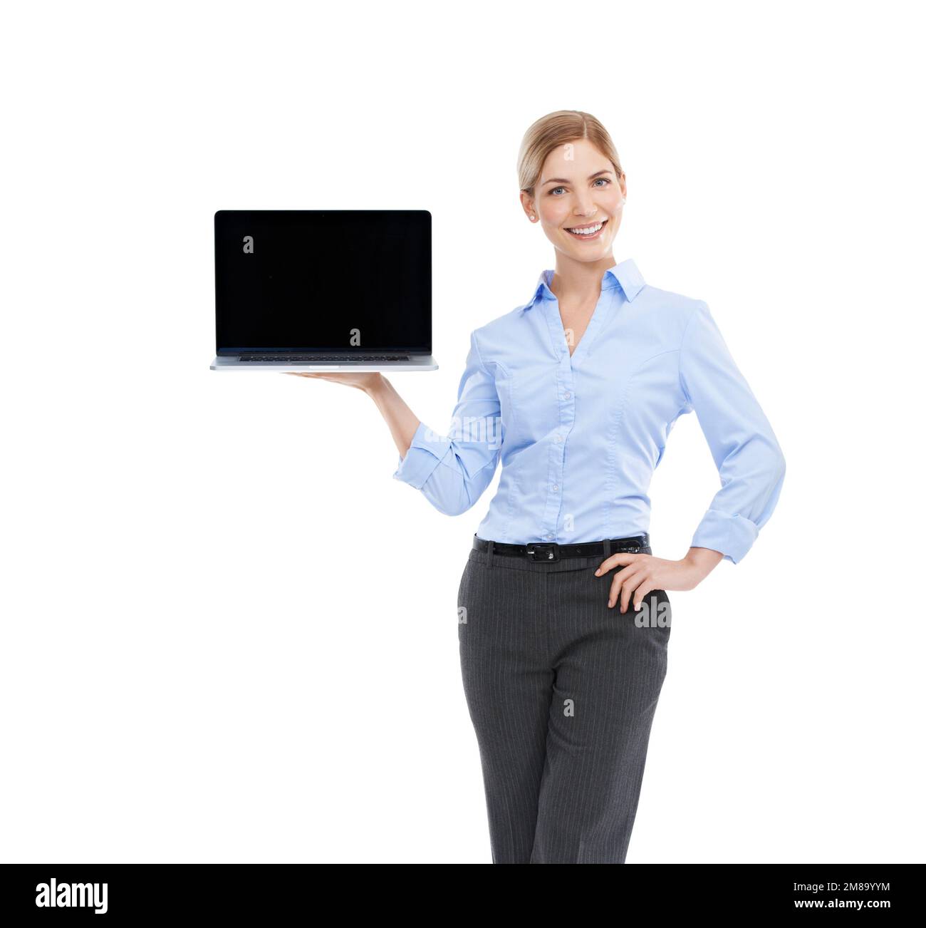 Laptop, portrait of business woman in studio for doing research on ...