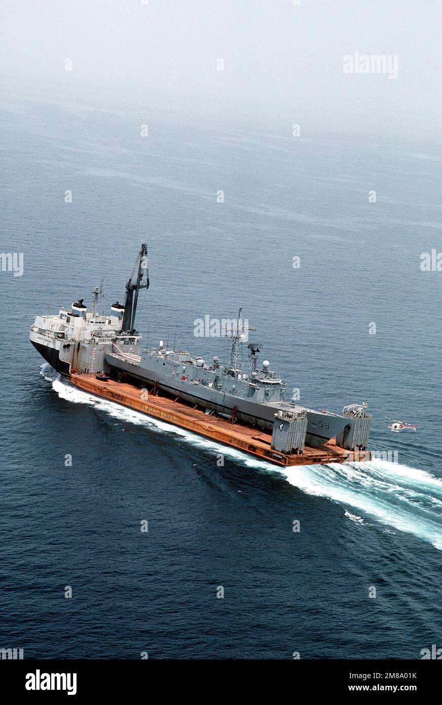 An aerial port quarter view of the Dutch heavy-lift ship MIGHTY SERVANT ...