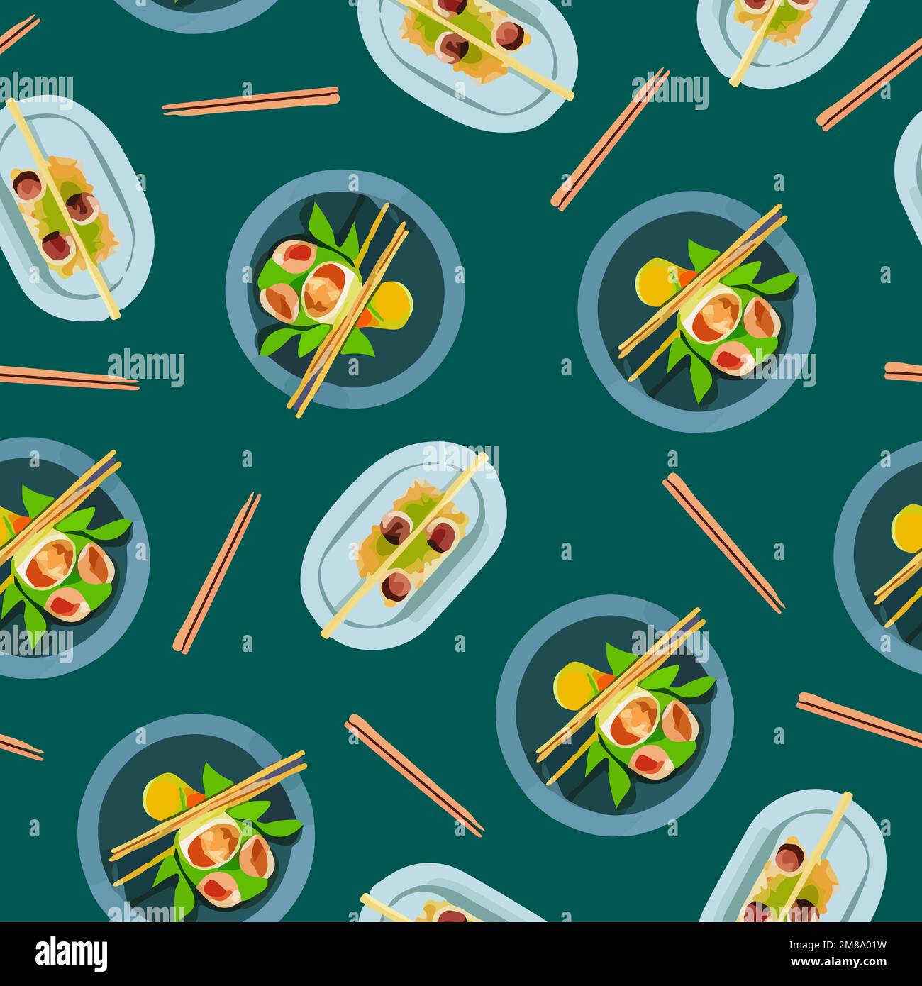 Vector Noodles seamless pattern Asian food on green background. Vector ...