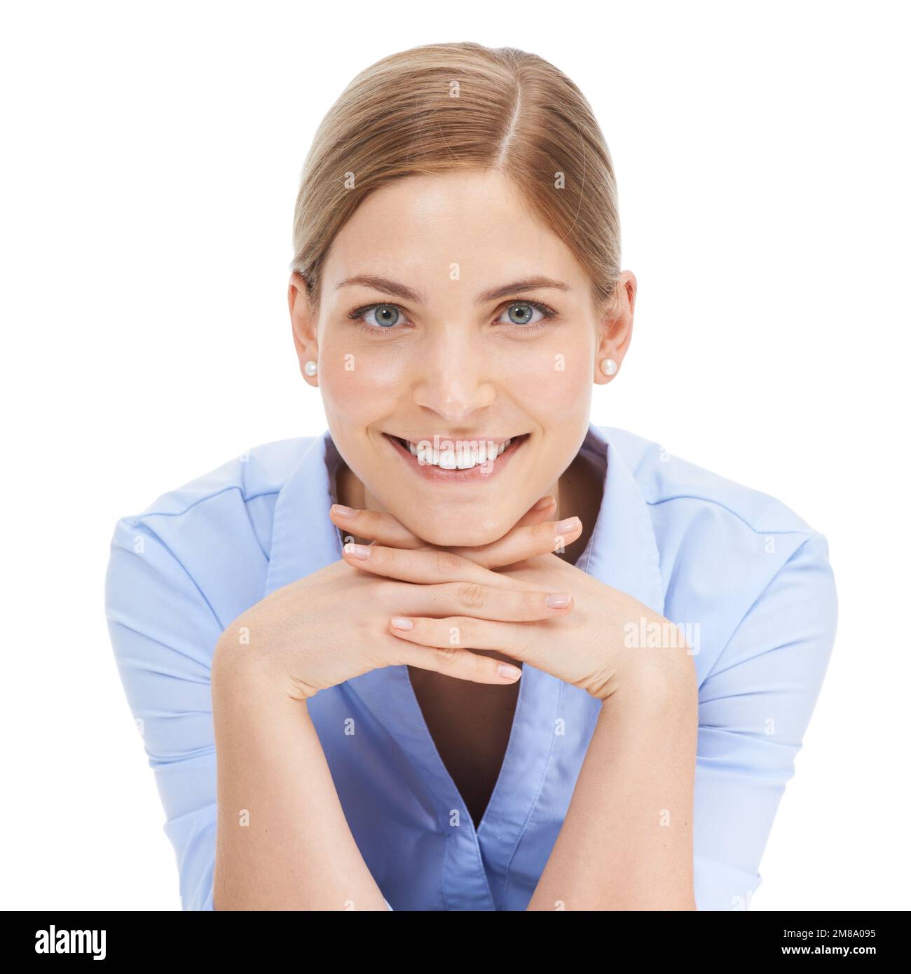 Portrait, face and business woman in studio isolated on white ...