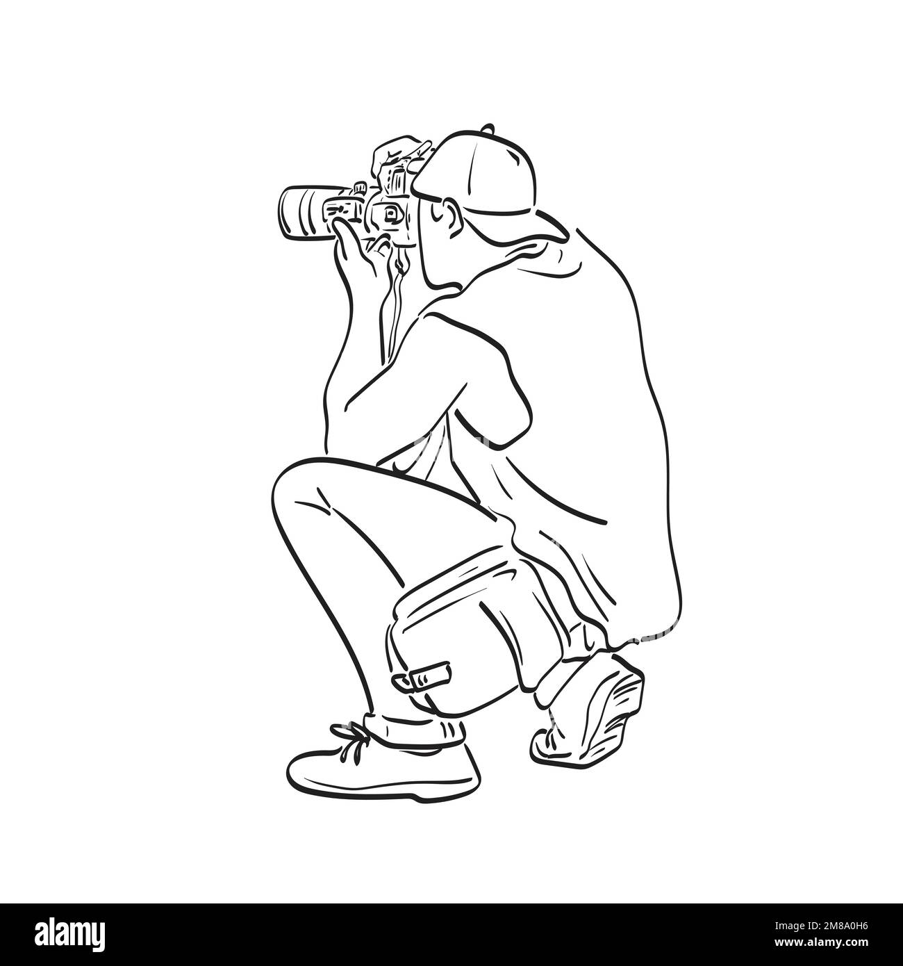 line art rear view of male photographer shooting with dslr camera ...