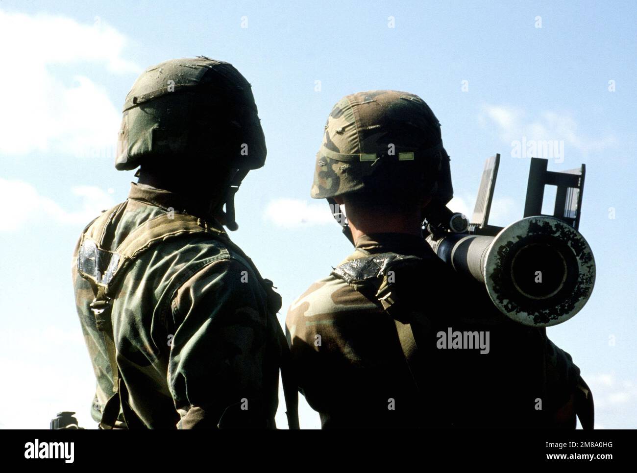 Rear view of a soldier shouldering a Stringer missile launcher during ...