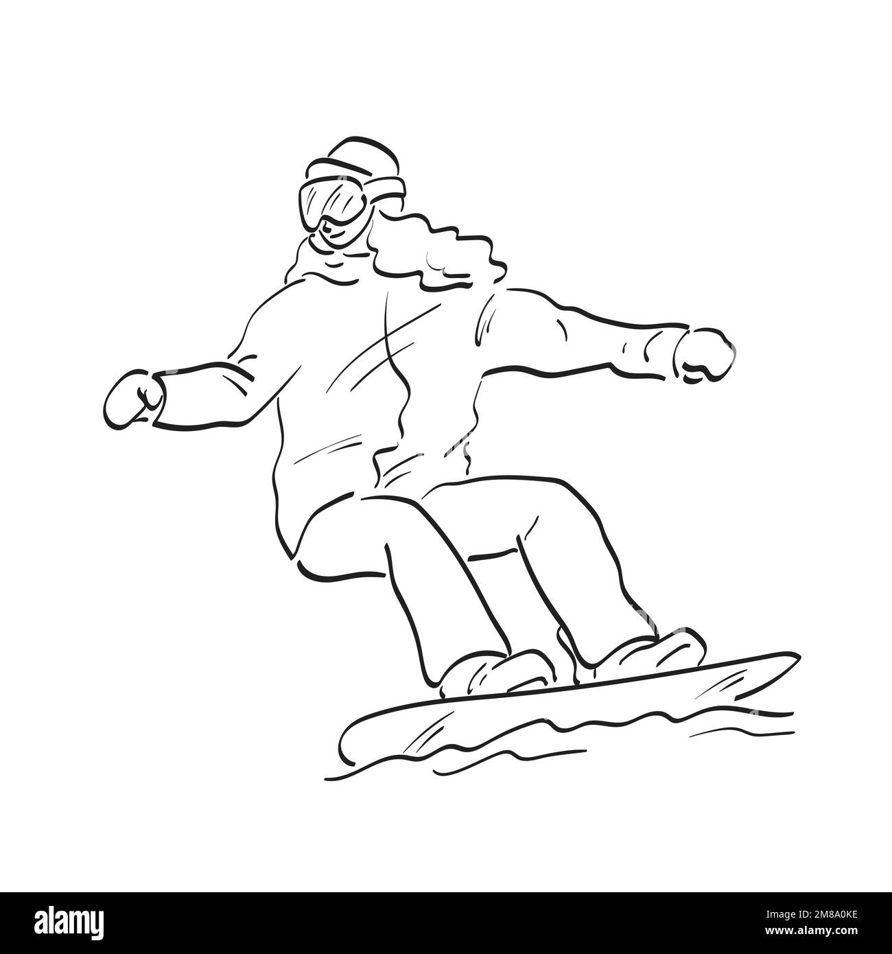 line art female playing snowboard illustration vector hand drawn ...