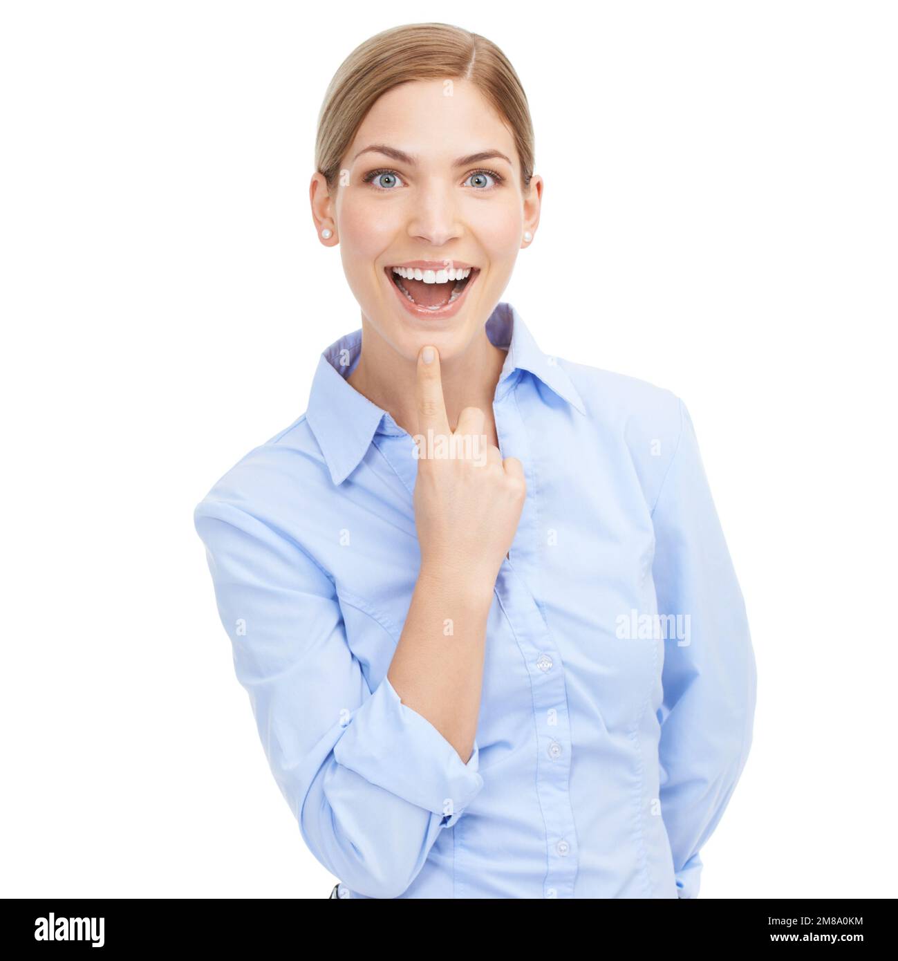 Happy portrait, business woman and excited while isolated on white ...