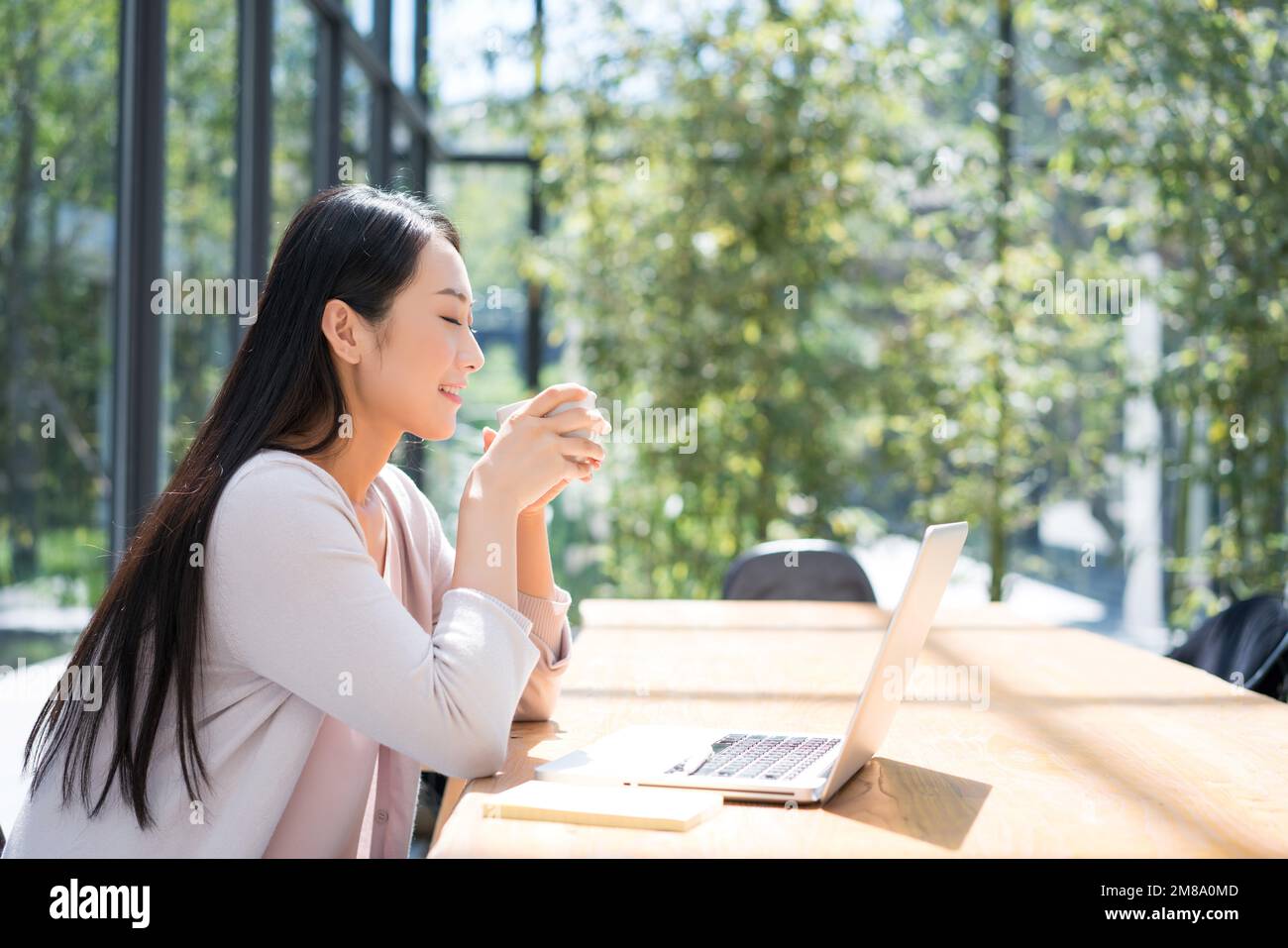 A young woman use the computer Stock Photo - Alamy