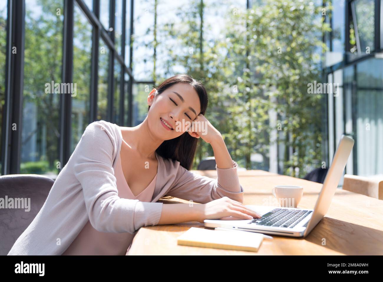 A young woman use the computer Stock Photo - Alamy