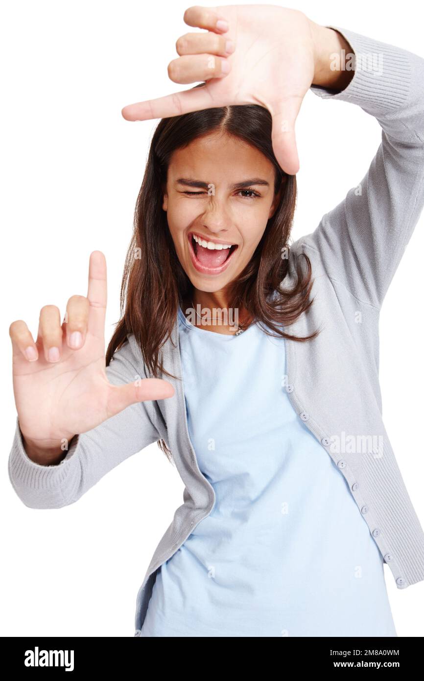 Business woman, framing face and portrait of a person holding hands ...