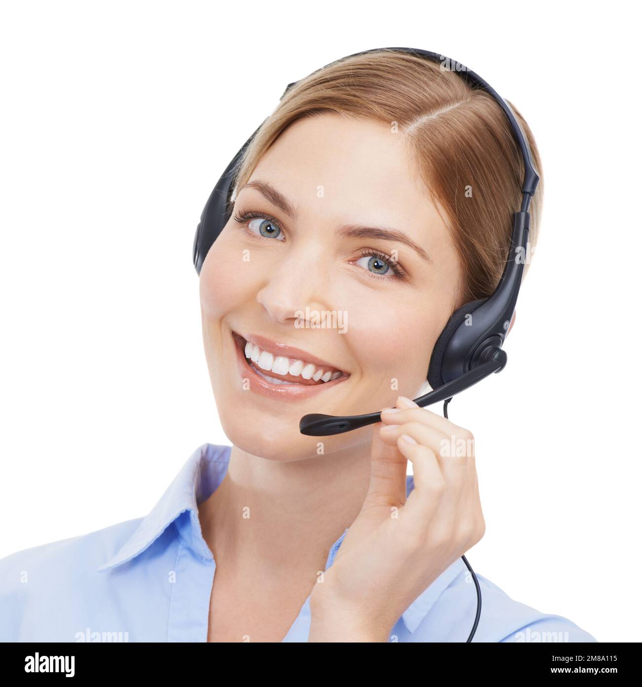 Customer service, face portrait and woman at call center in studio isolated on white background ...
