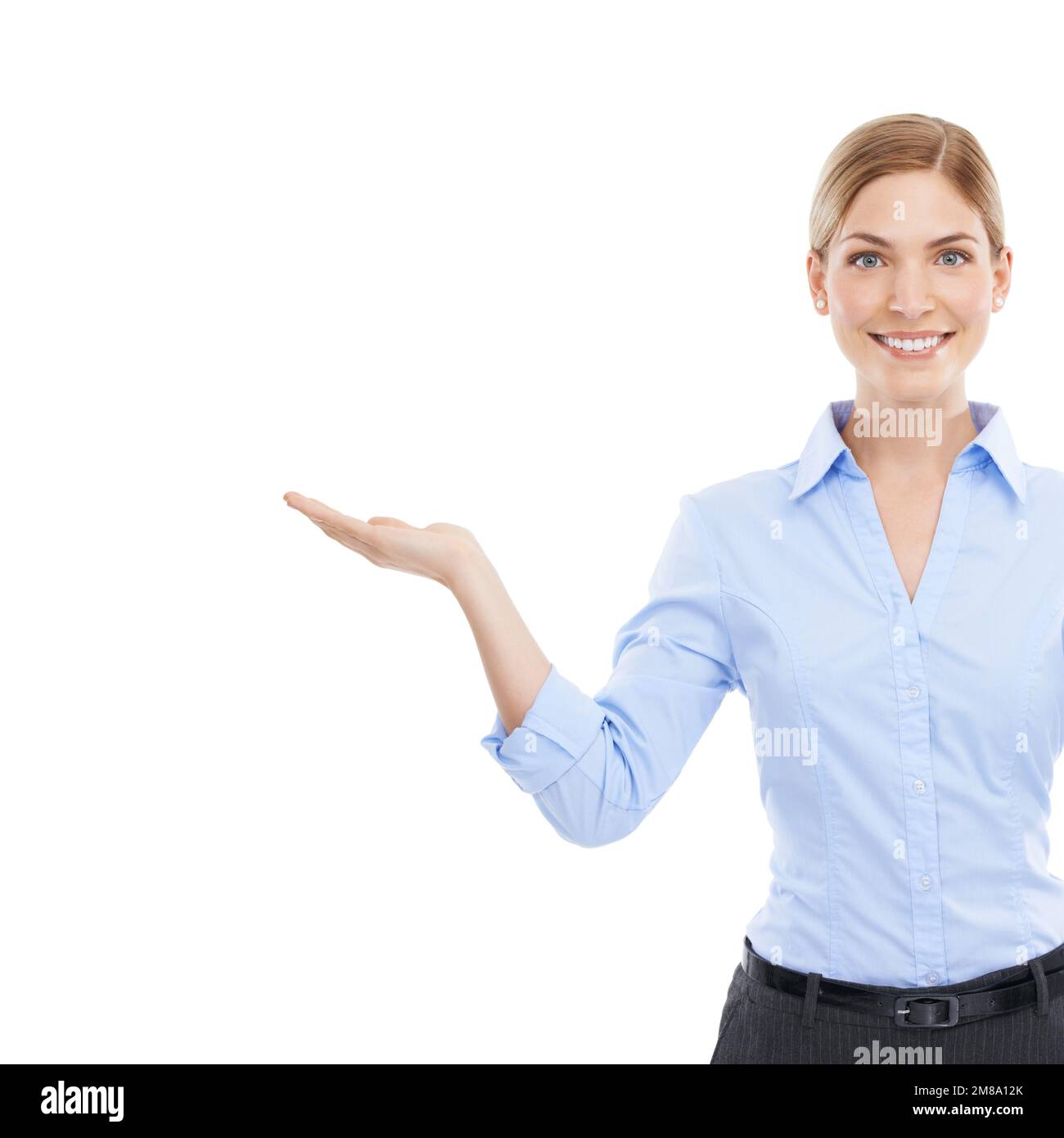 Advertising, hand and portrait of business woman mockup for product ...