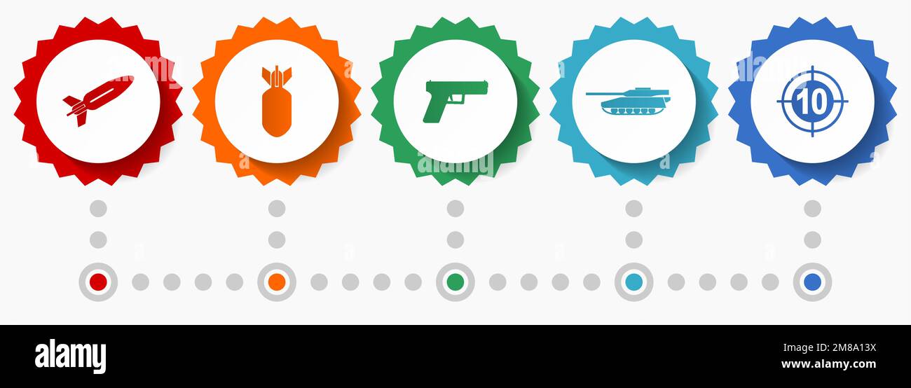 War vector icons, army and weapon flat design web badges collection ...