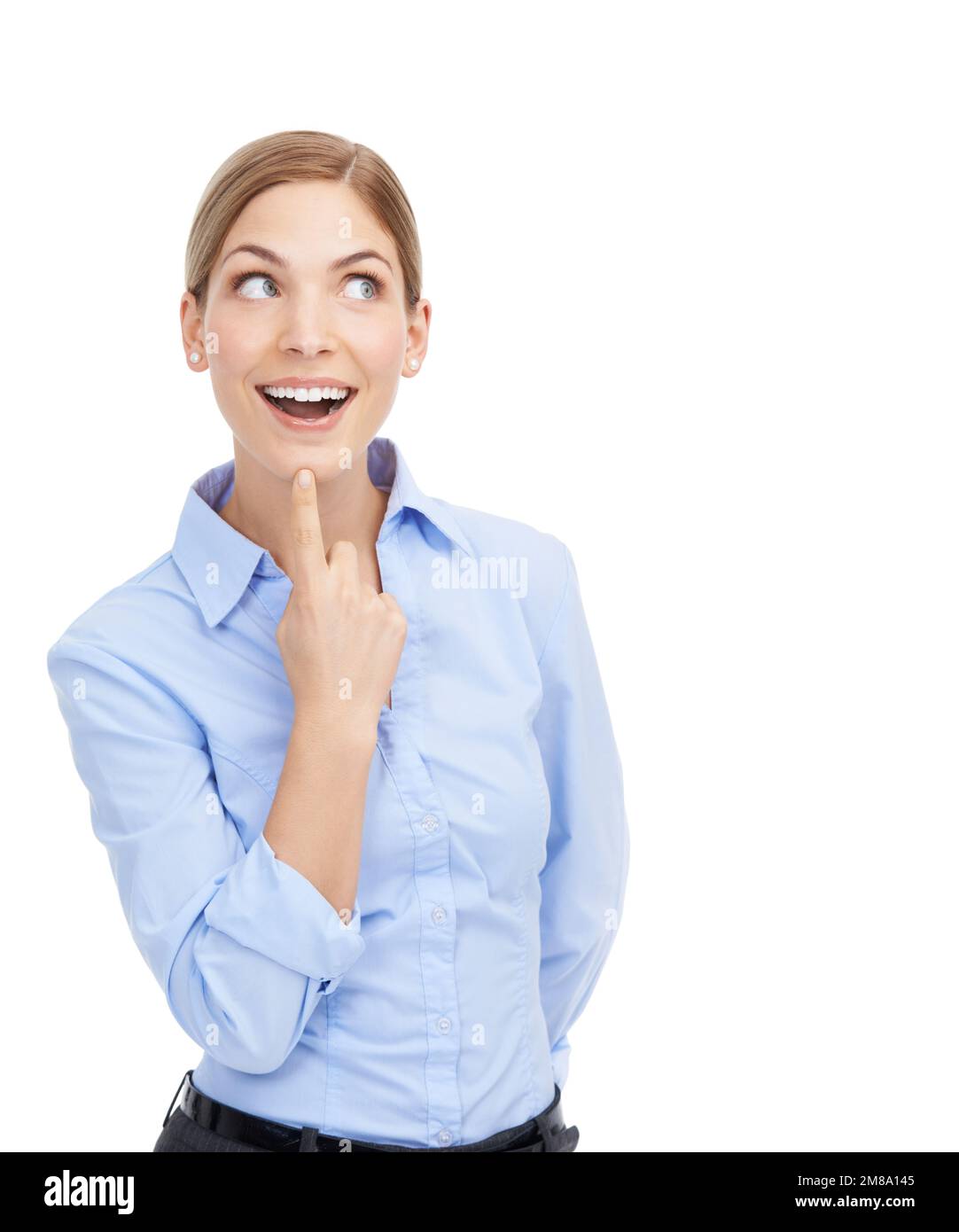 Business woman, thinking and excited for idea on a white background for ...