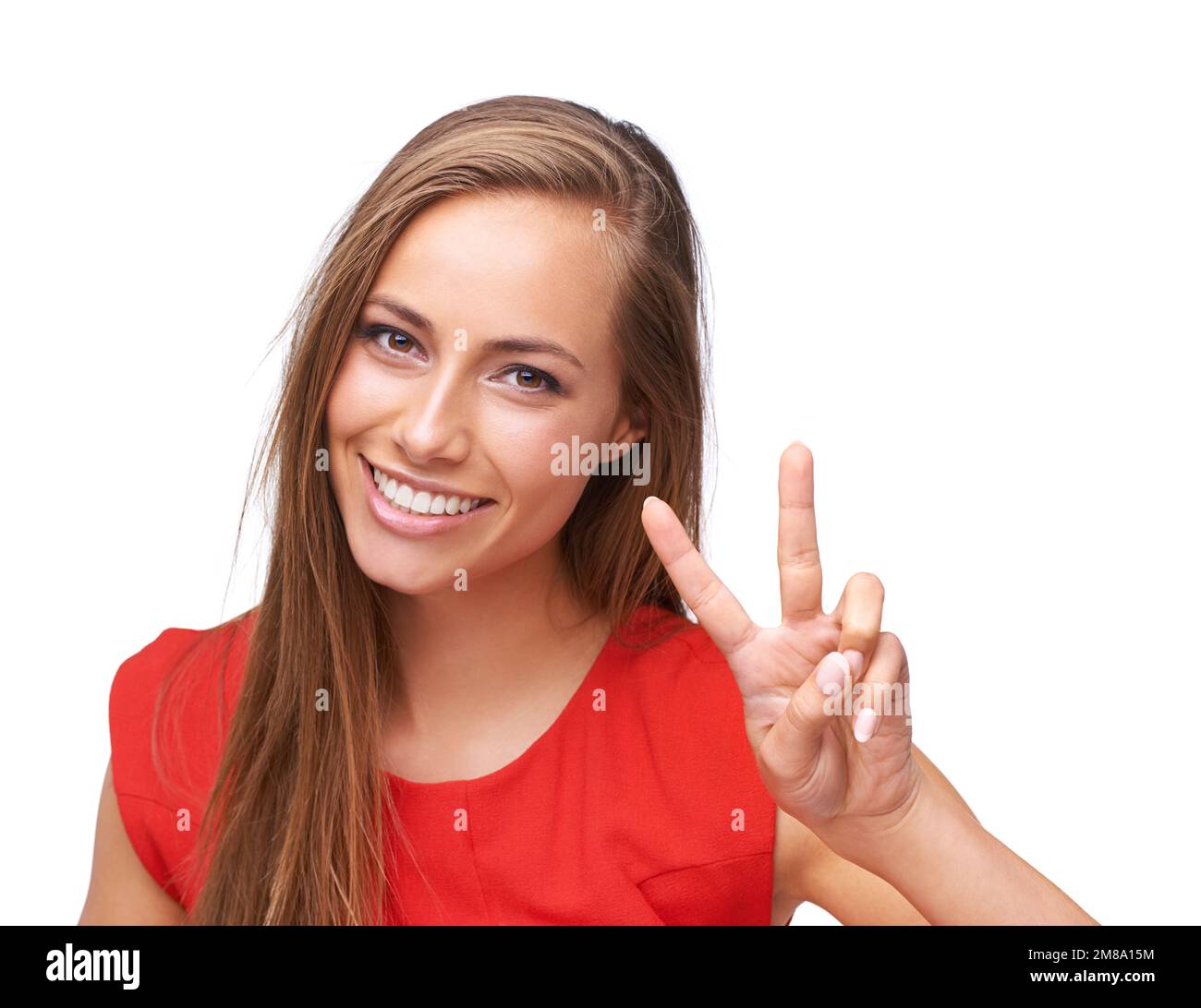Happy woman, portrait and peace hand sign with a smile and happiness freedom emoji isolated on ...