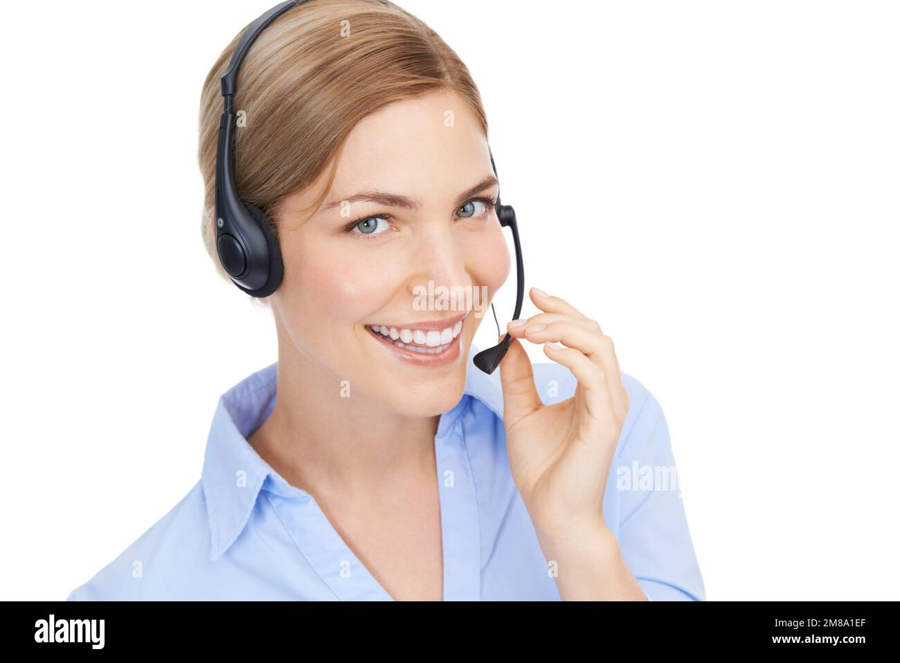 Portrait, customer service and face of woman at call center in studio ...