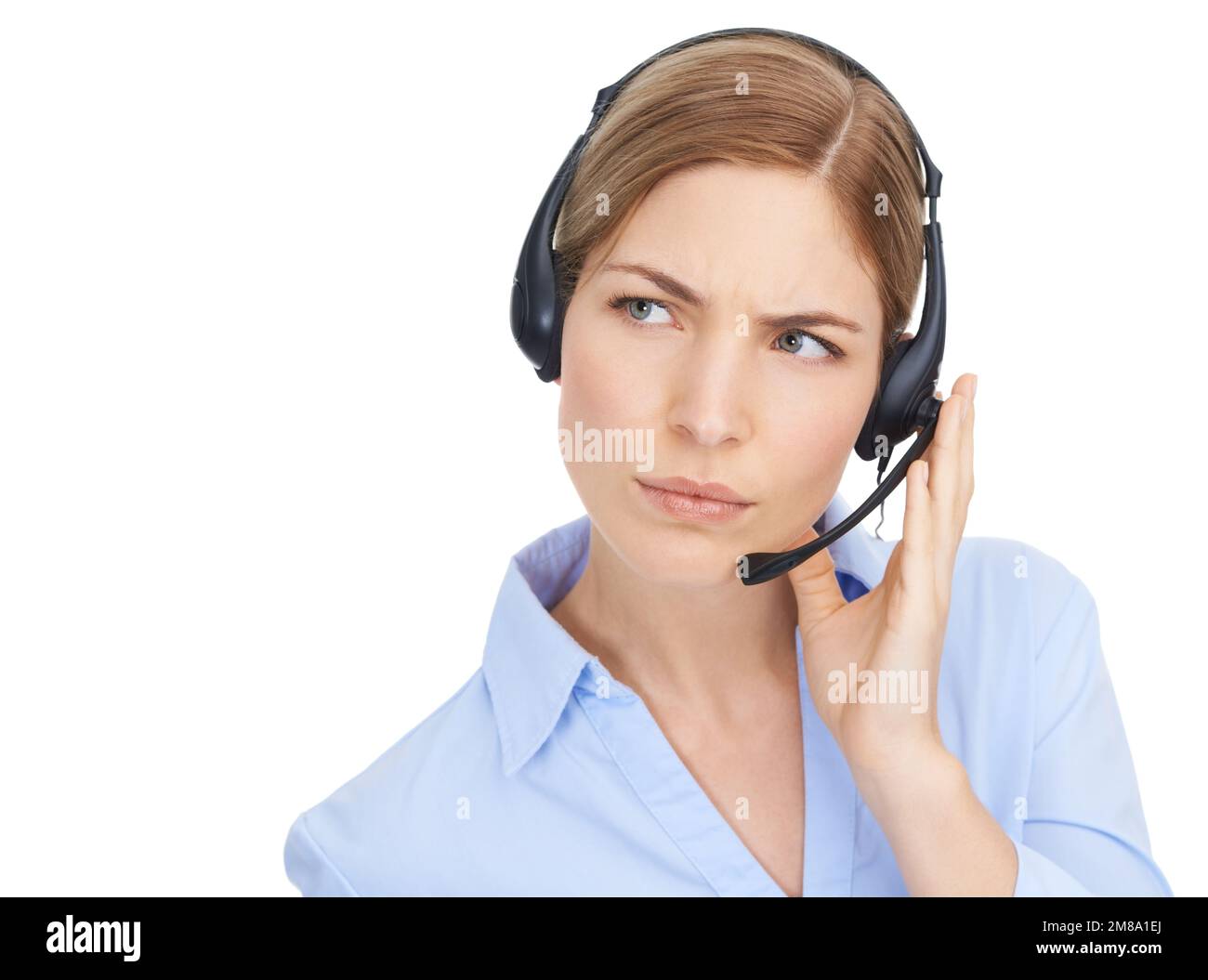 Thinking, customer service and face of woman at call center in studio isolated on white ...