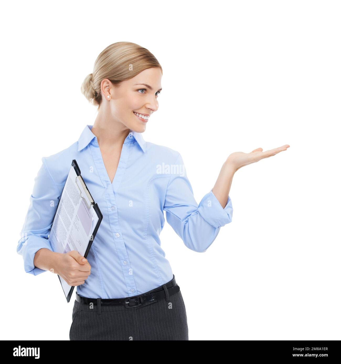 Business woman, hand and palm for clipboard promotion, recruitment ...