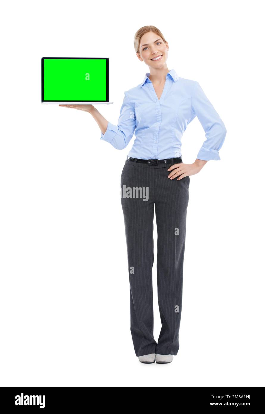 Laptop, green screen and portrait of businesswoman, white background ...