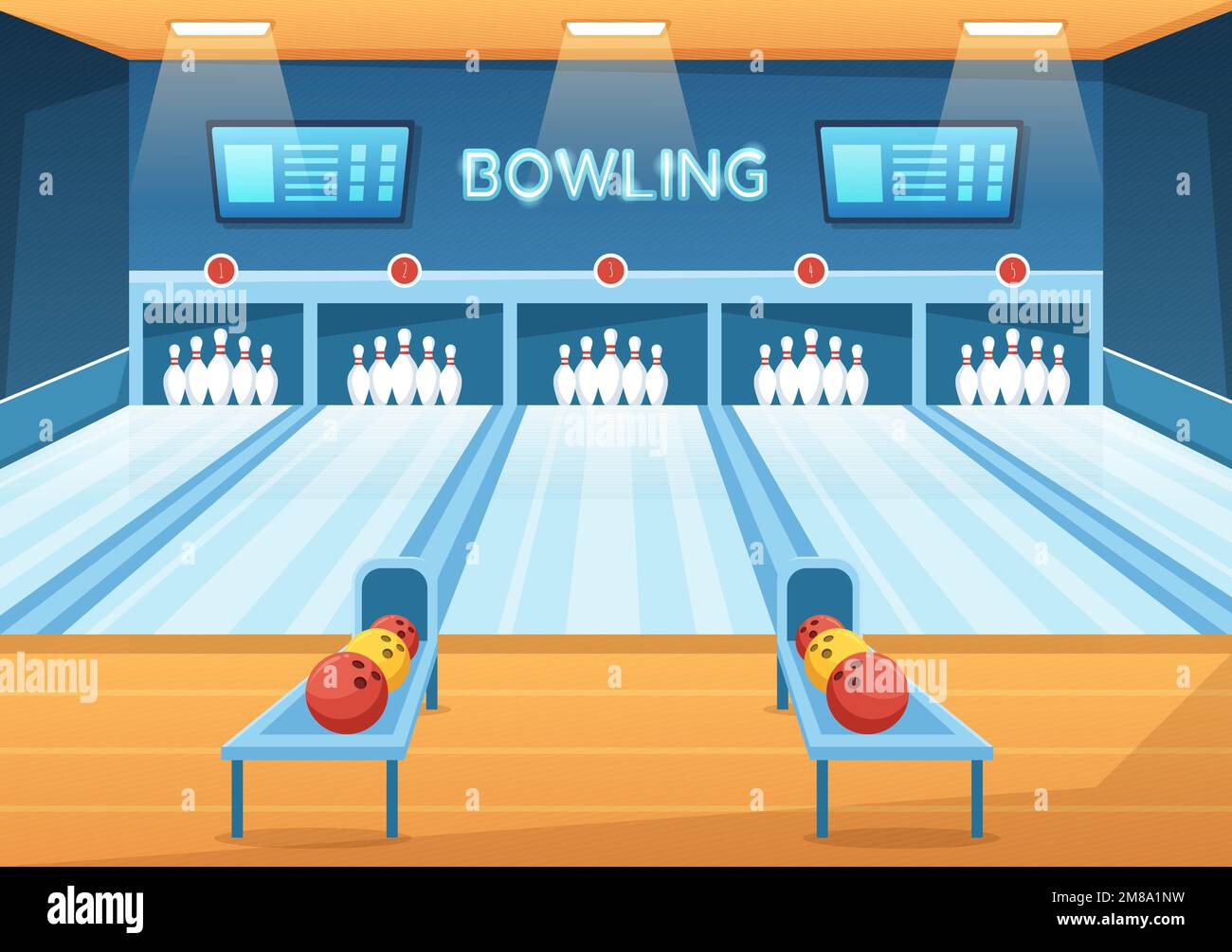 Bowling Game Illustration with Pins, Balls and Scoreboards in a Sport ...