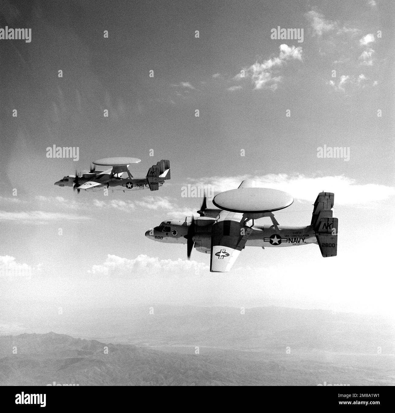 Two Airborne Early Warning Squadron 113 (VAW-113) E-2C Hawkeye aircraft ...