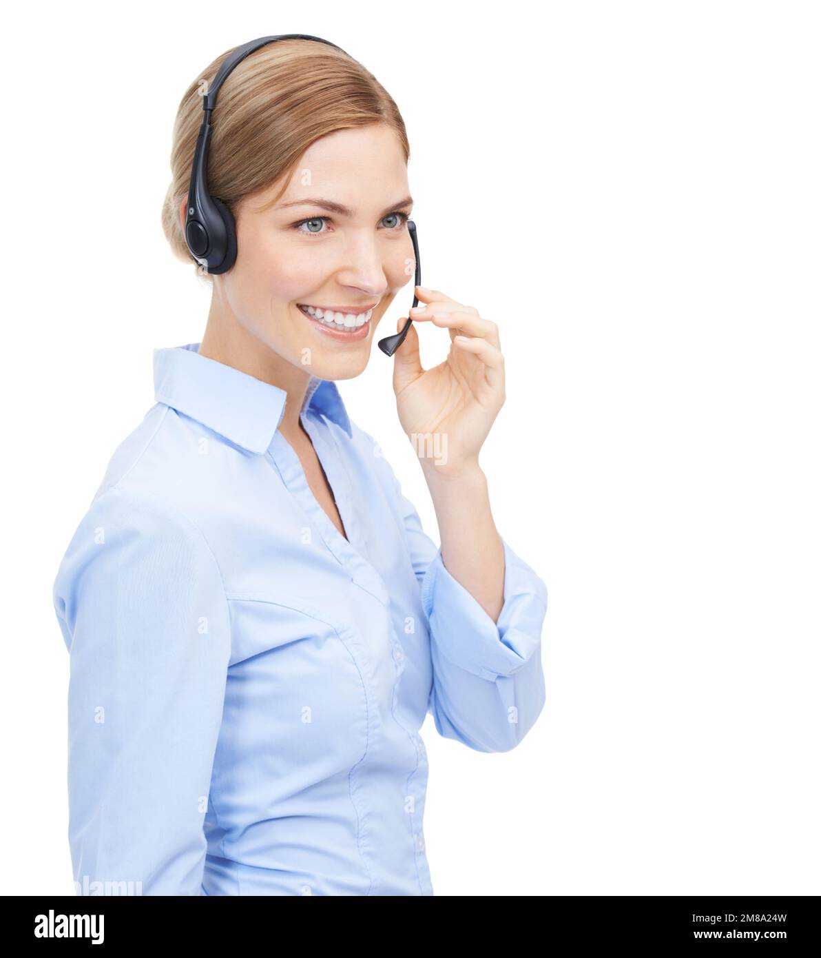 Customer service, face and woman at call center in studio isolated on a ...