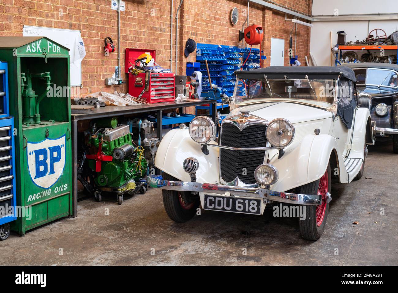 1937 Riley classic car in a workshop at Bicester Heritage Centre sunday ...