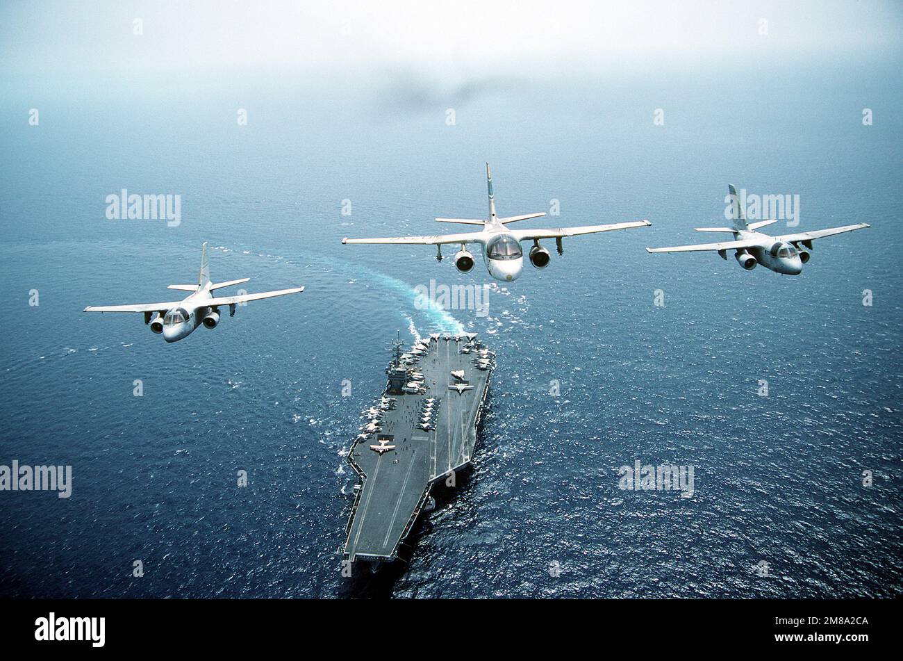 An air-to-air front view of three S-3A Viking aircraft from Air Anti ...