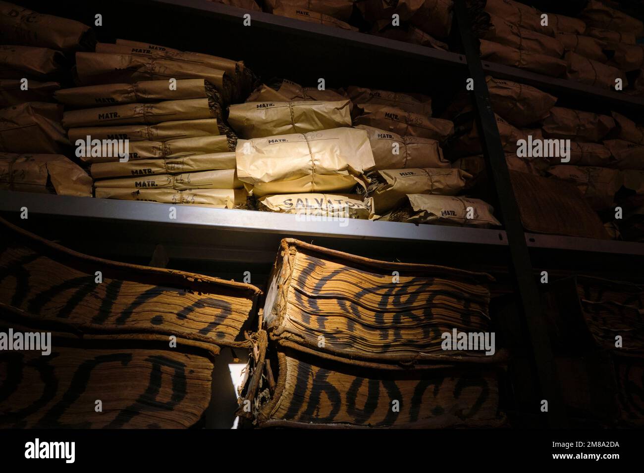 A close up, detailed view of old yellowed, sepia, bank ledger record ...