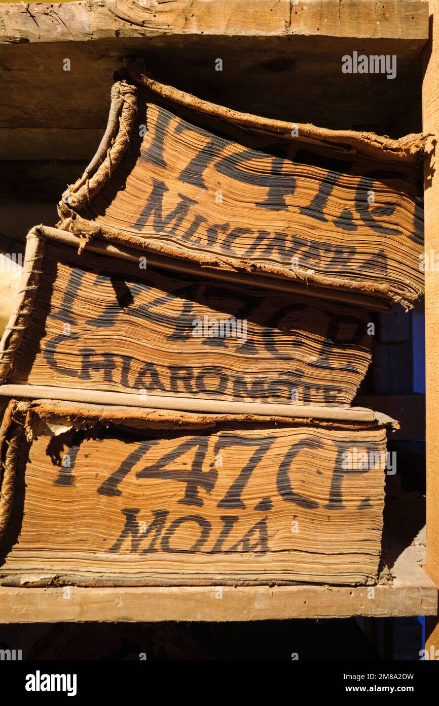 A close up, detailed view of old yellowed, sepia, bank ledger record ...