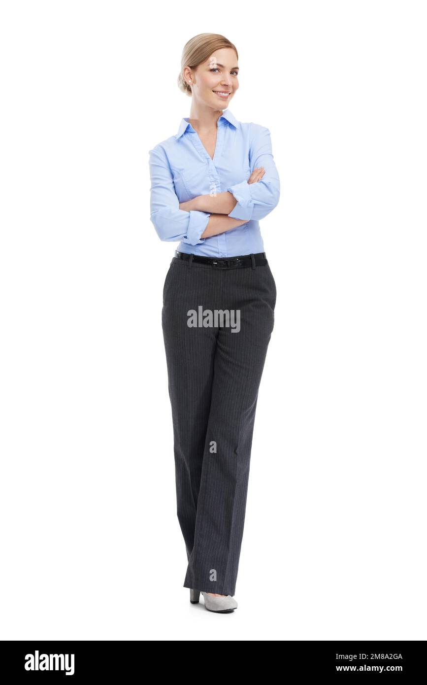 Leadership, body portrait of business woman with confident smile and ...