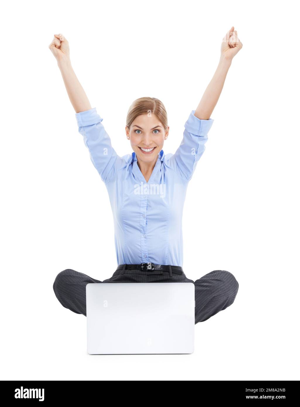 Winner, celebration and business woman with laptop in studio isolated ...