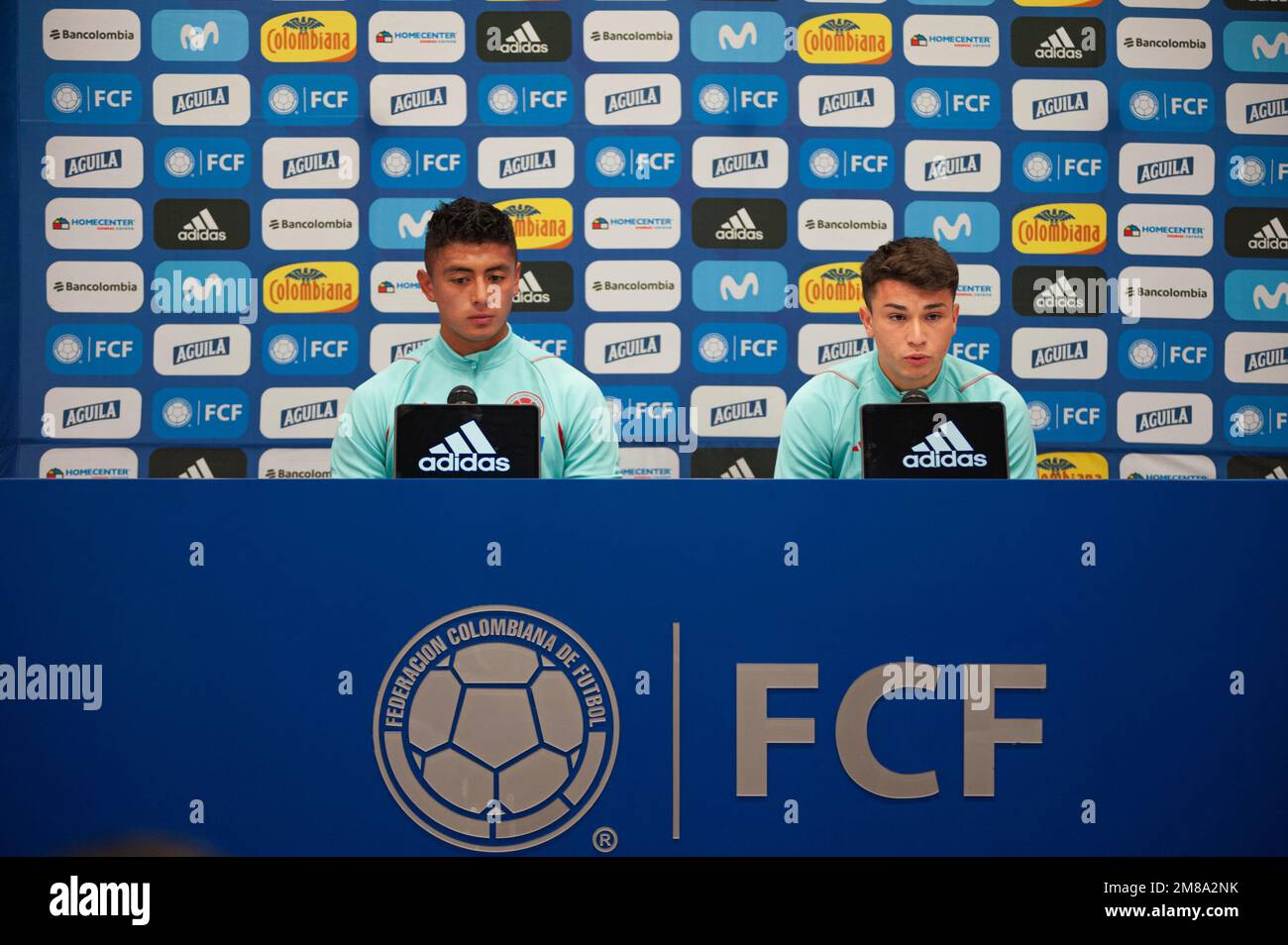 Team members Kevin Mantilla (L) and Juan David Fuentes (R) speak during ...