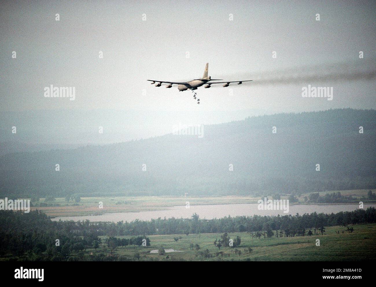 A rear view of a B-52 Stratofortress aircraft from the 2nd Bomb Wing ...