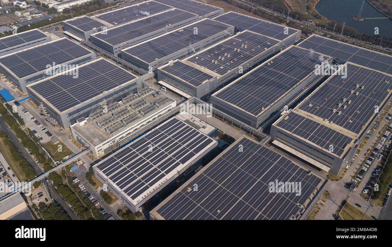 Aerial photo shows a distributed photovoltaic power station on the roof ...