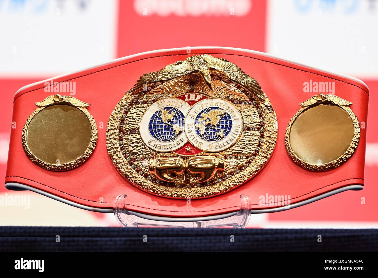 IBF World Bantamweight Championship Belt is seen during a press conference in Yokohama, Kanagawa ...