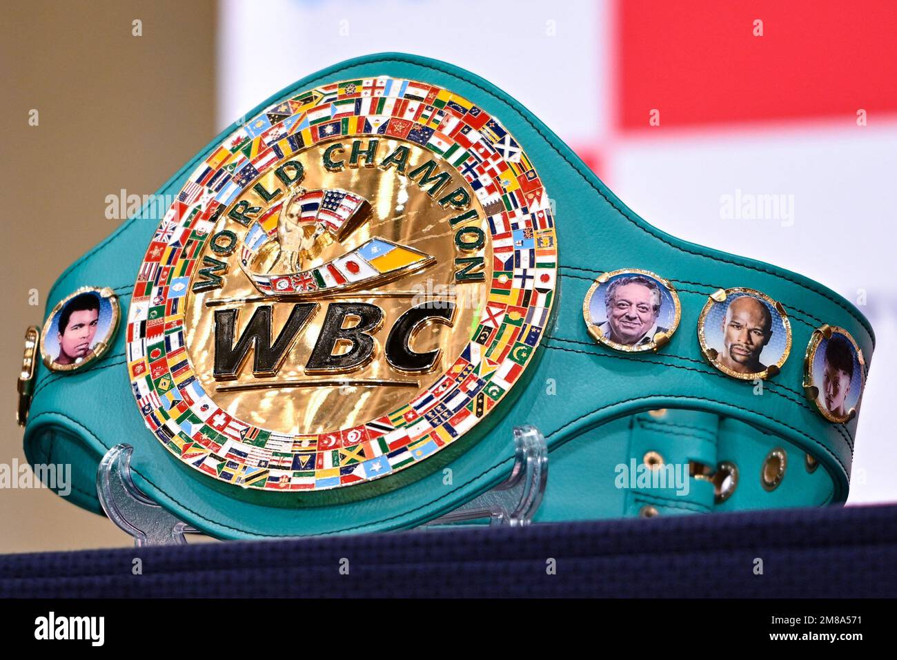 WBC world bantamweight championship belt is seen during a press ...