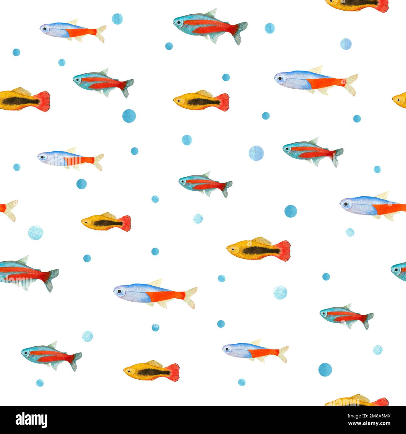 Watercolor underwater seamless pattern of neon tetra fishes on white ...