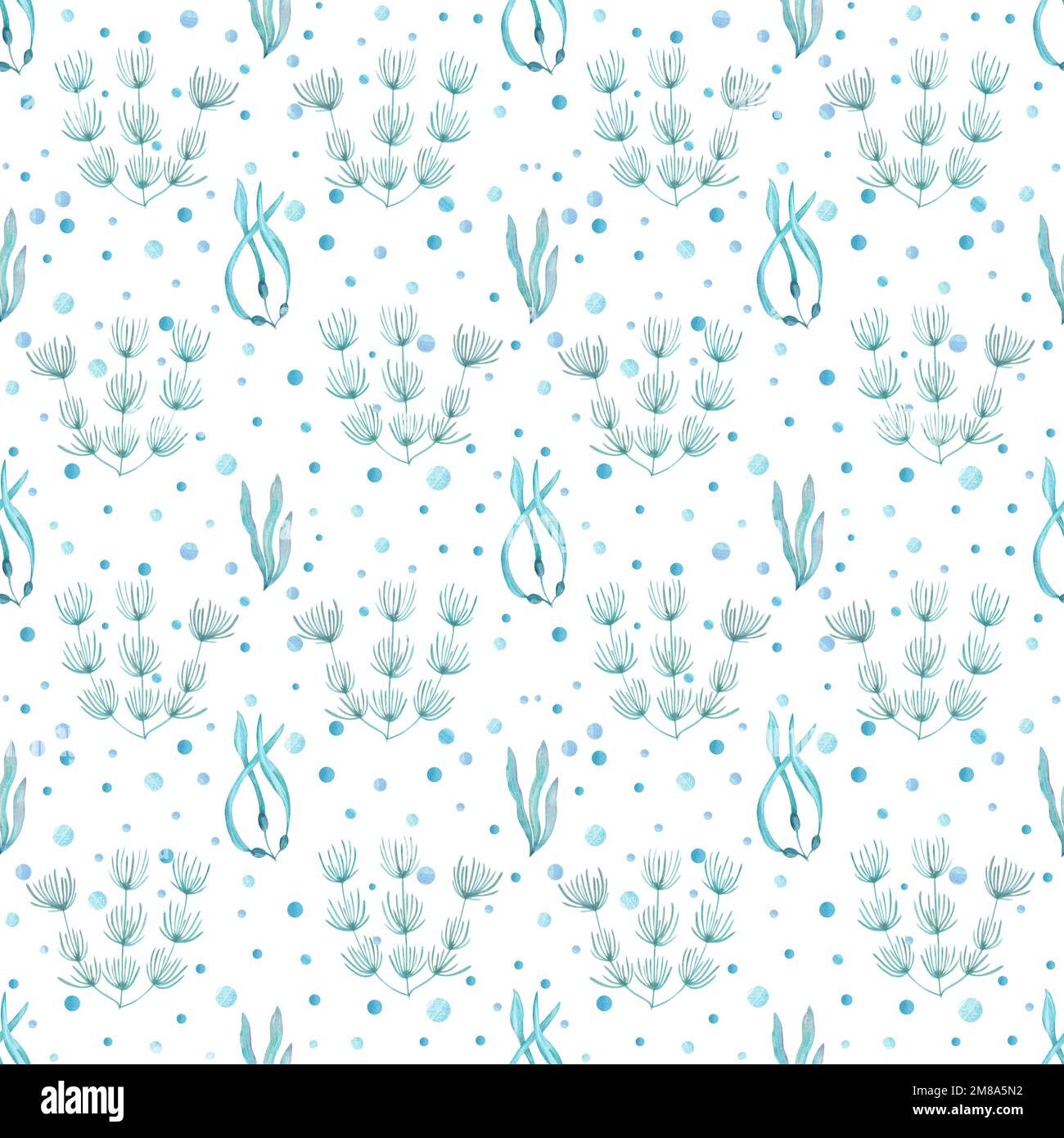 Watercolor underwater seamless pattern of seaweeds on white background ...