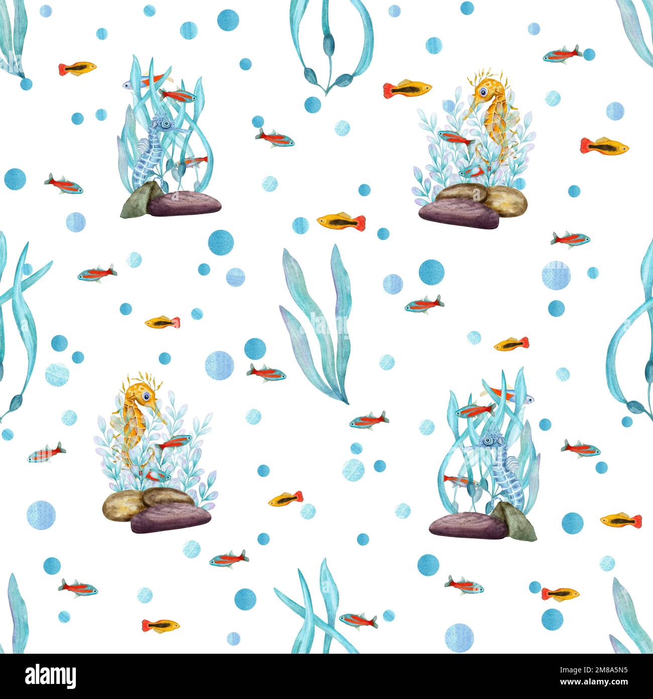 Watercolor underwater seamless pattern of seahorses, neon tetra fishes ...
