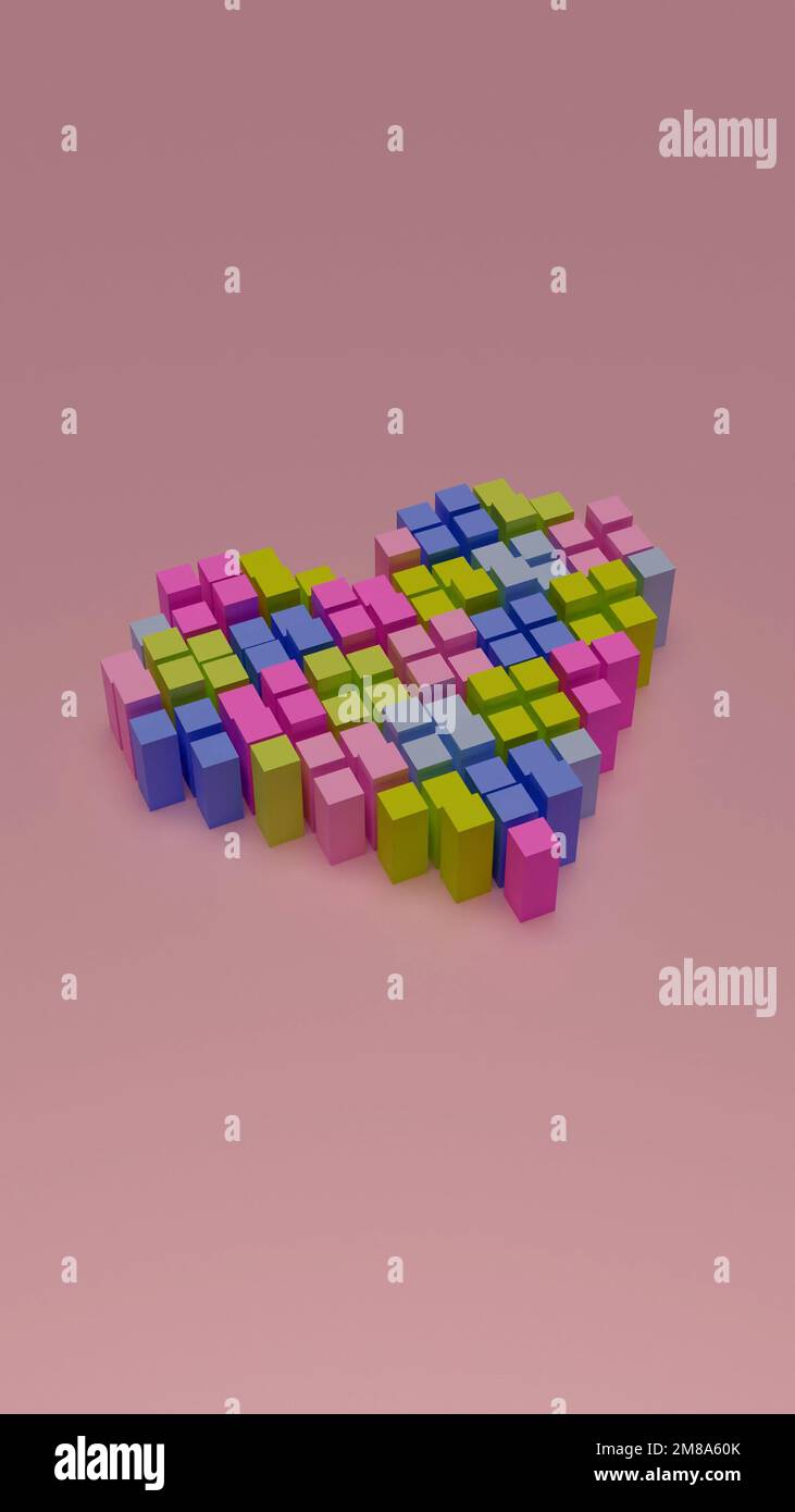 Geometric heart divided in pixel blocks over pink background Stock ...
