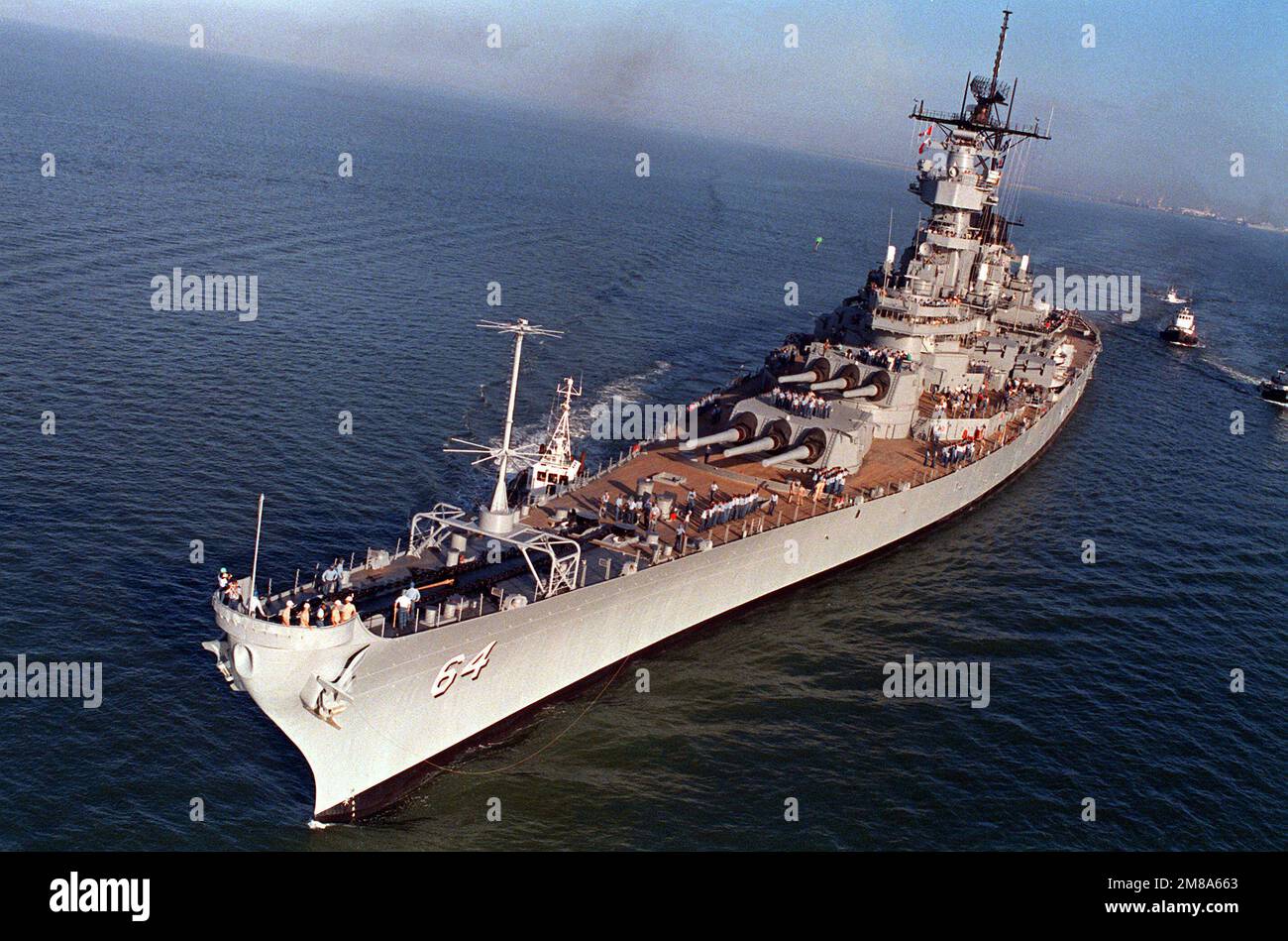 A port bow view of the battleship WISCONSIN (BB-64) underway during sea ...