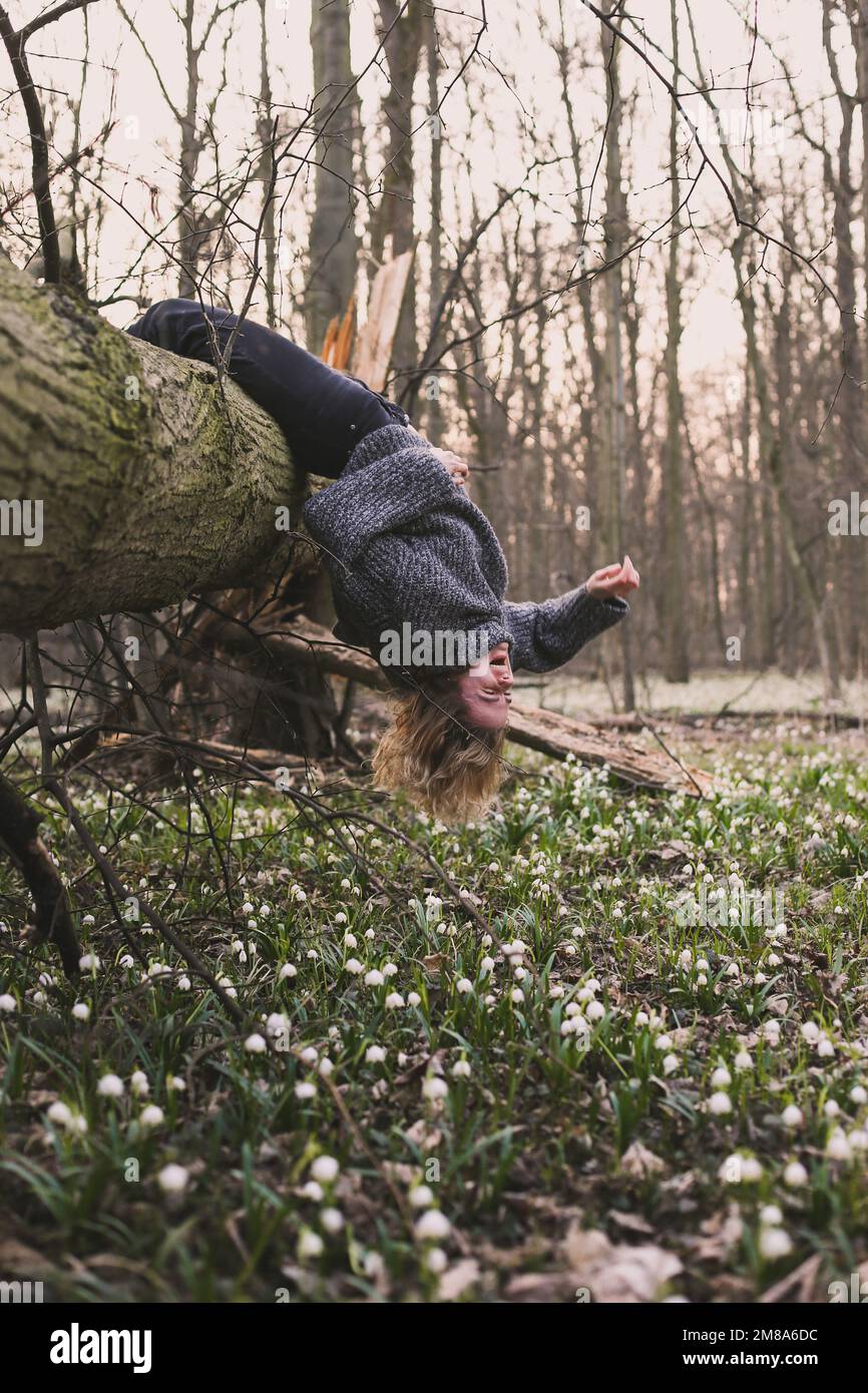 Laughing woman hanging on fallen tree scenic photography Stock Photo ...