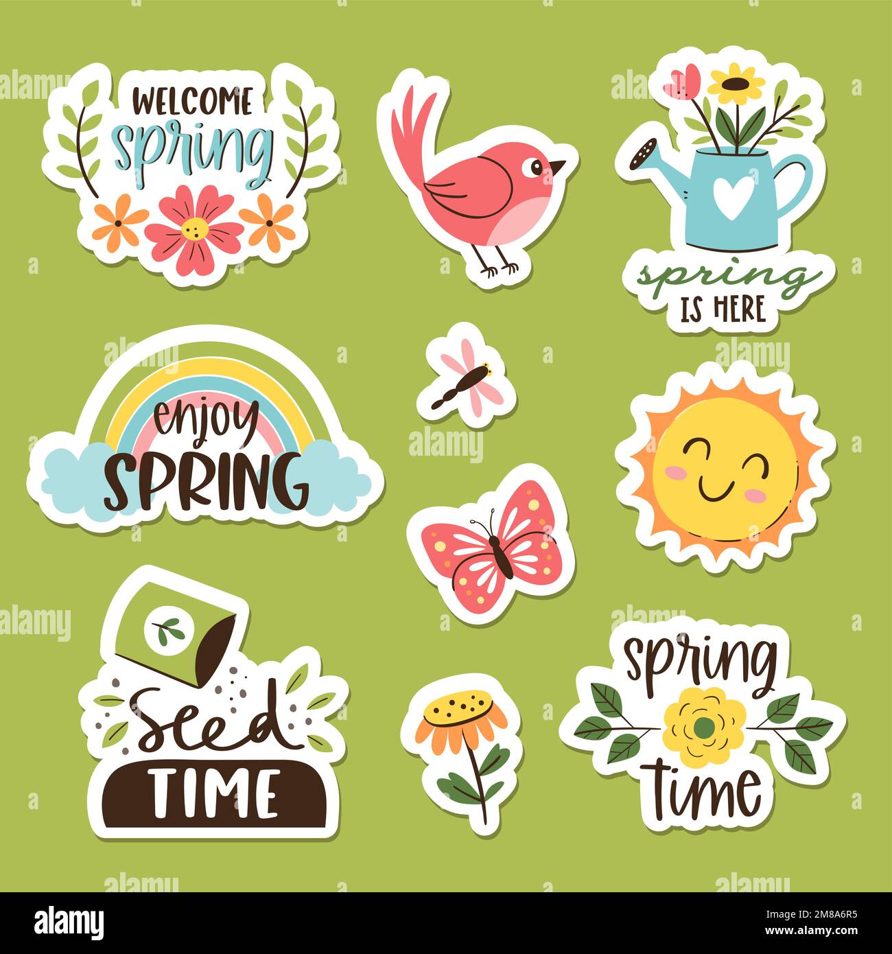 Cute spring sticker collection. Hand-drawn colorful stickers with ...